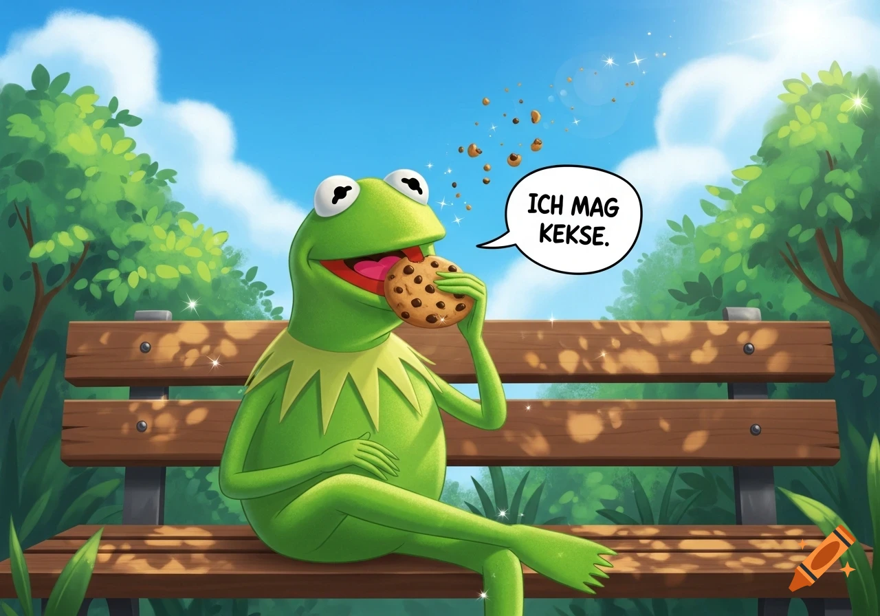 Kermit the Frog sits on a park bench eating a chocolate chip cookie ...