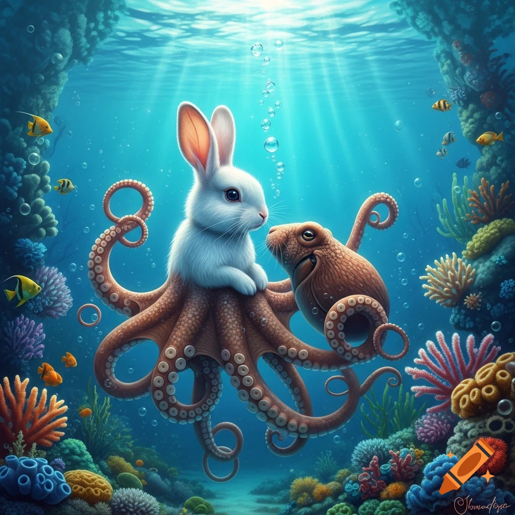 A fluffy white rabbit sits on a large brown octopus in a vibrant coral ...