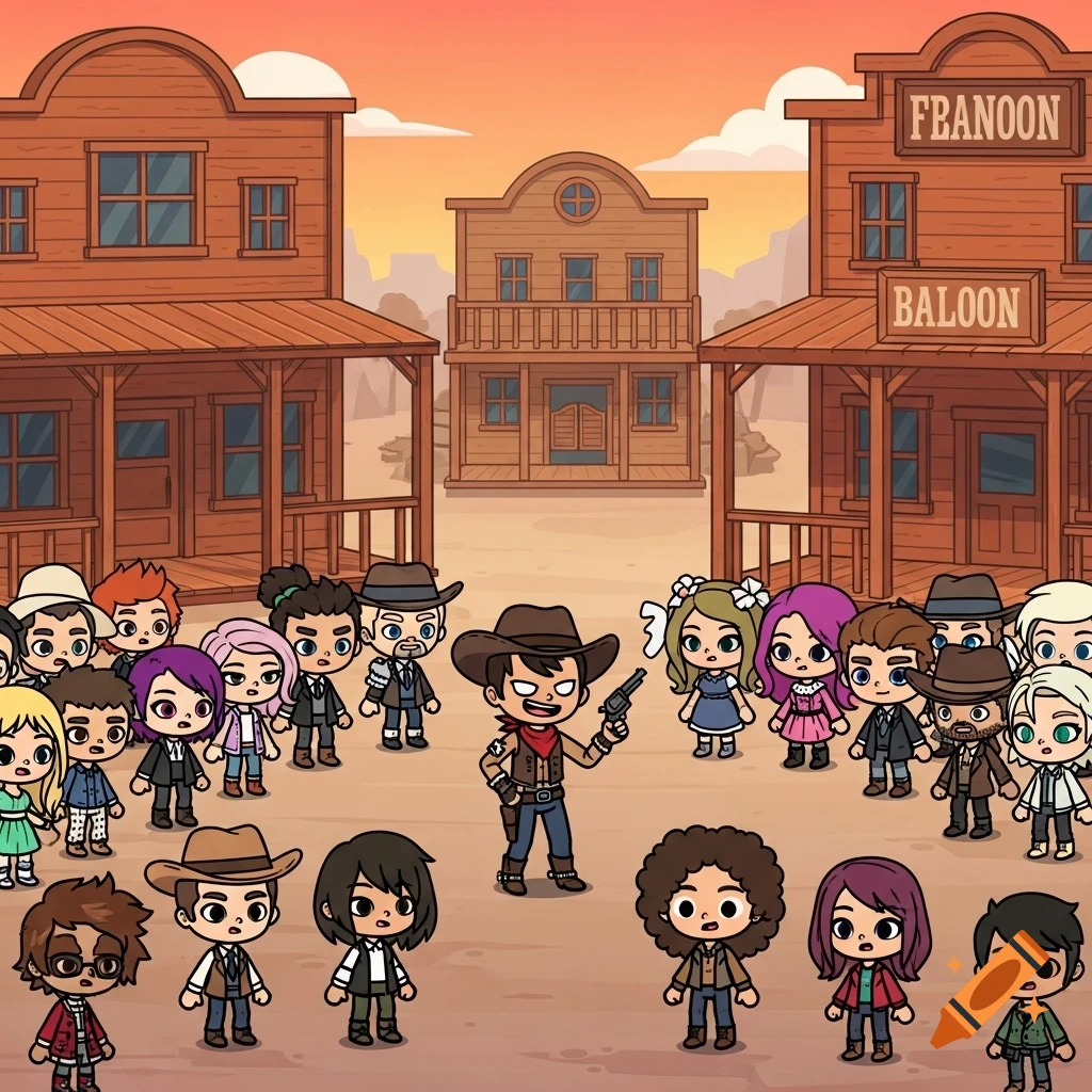 A cartoon cowboy with a gun faces a diverse crowd in a Toca Life style ...