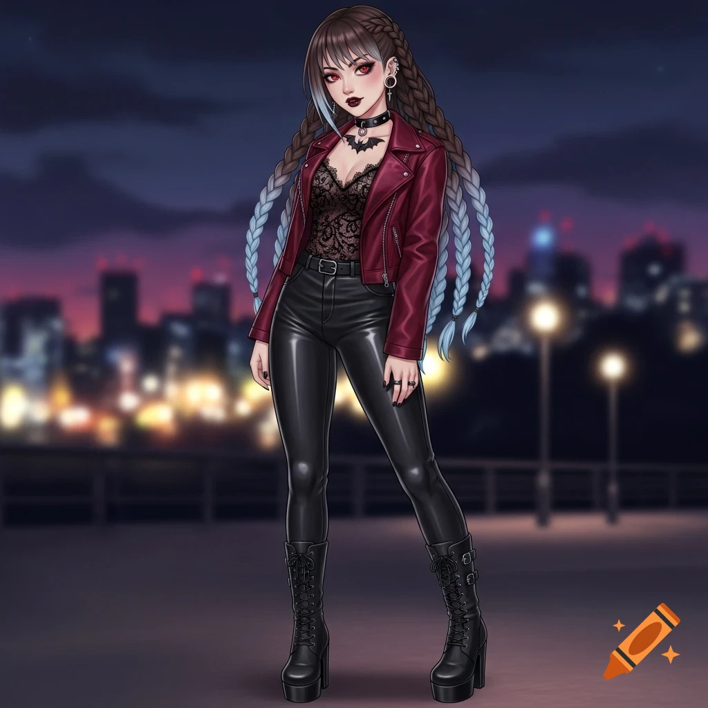 Anime girl in a red leather jacket, black lace top, leather pants, and ...