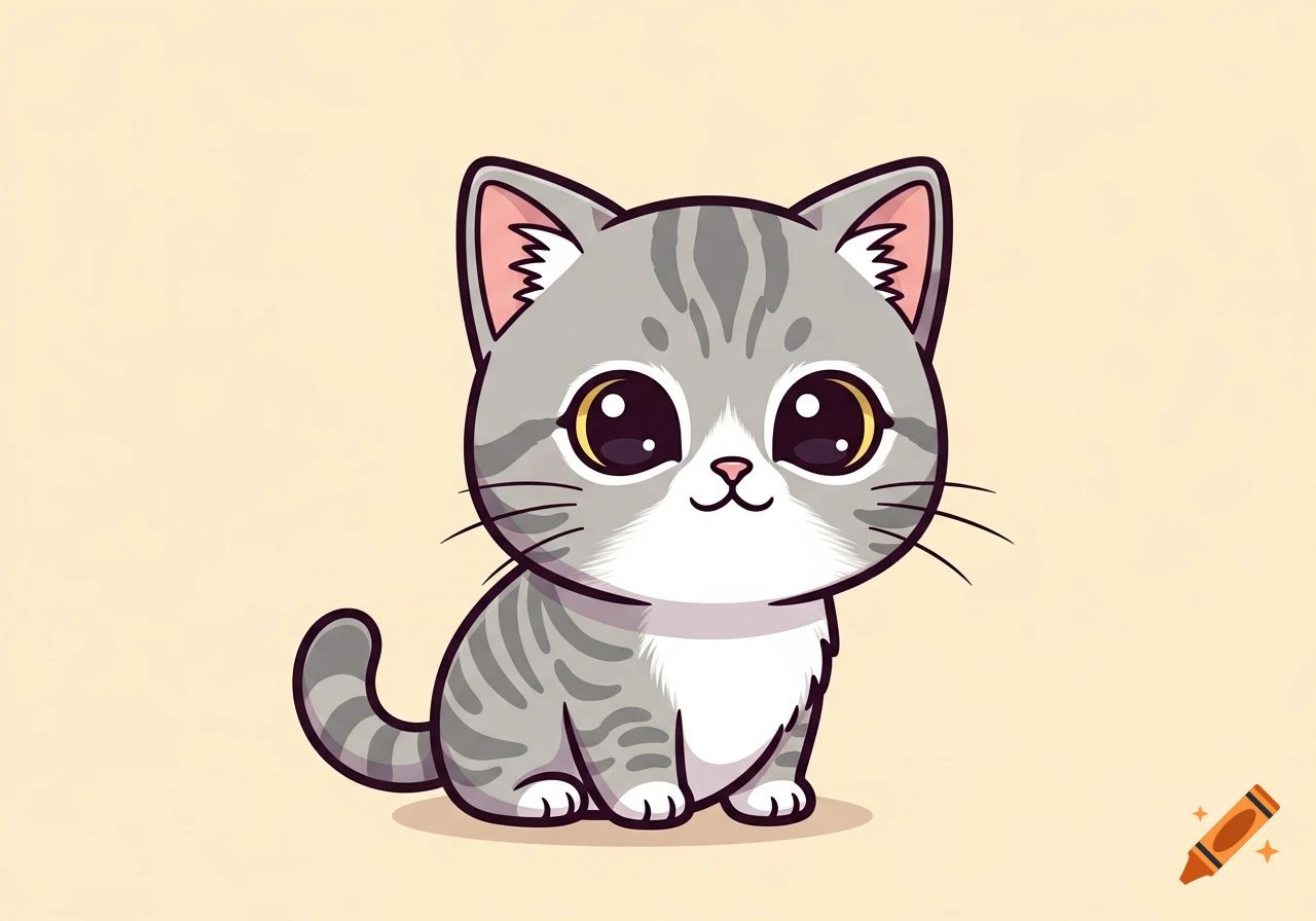 A cute chibi gray tabby kitten with big round shiny eyes, drawn in a ...