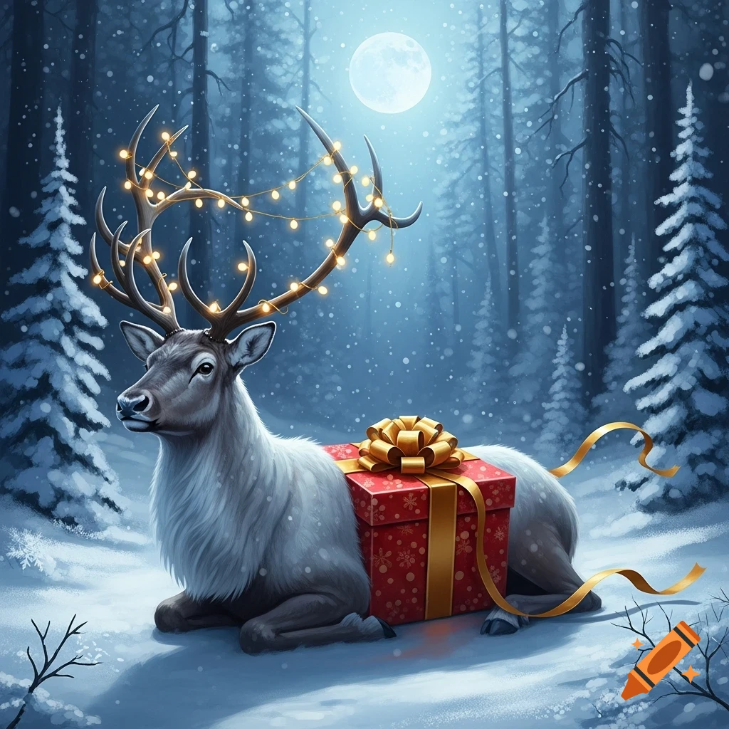 A fantastical reindeer with string lights on its antlers lies in a ...