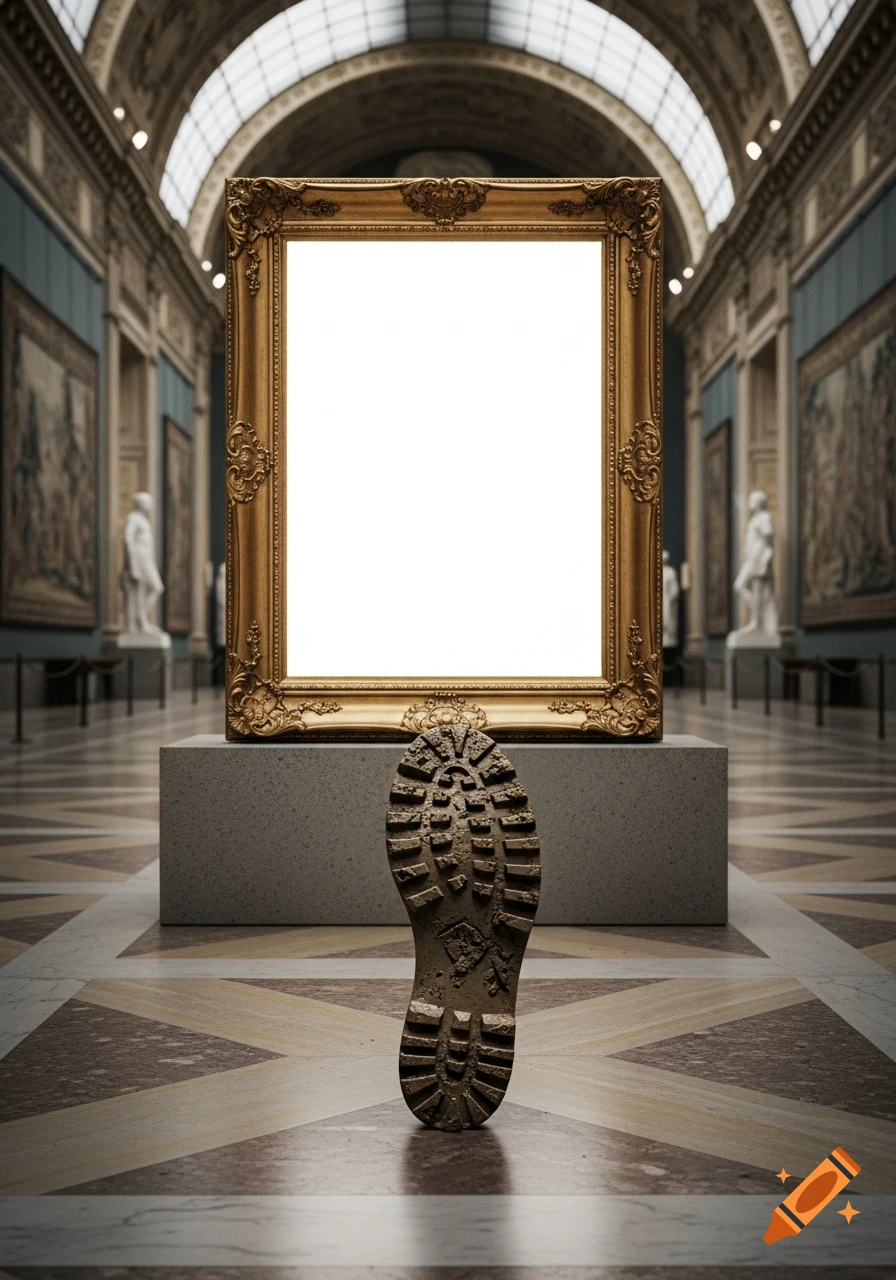 A muddy shoe print stands upright on a marble floor in a grand museum ...