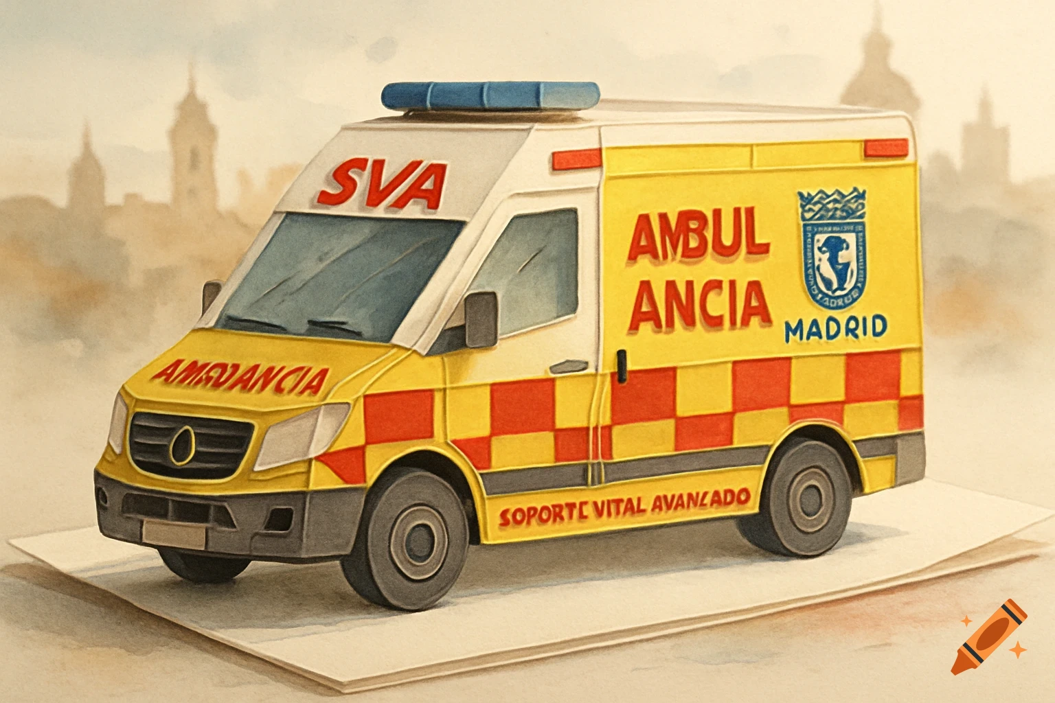 A stylized papercraft ambulance in yellow and red, with 'SVA AMBULANCIA ...