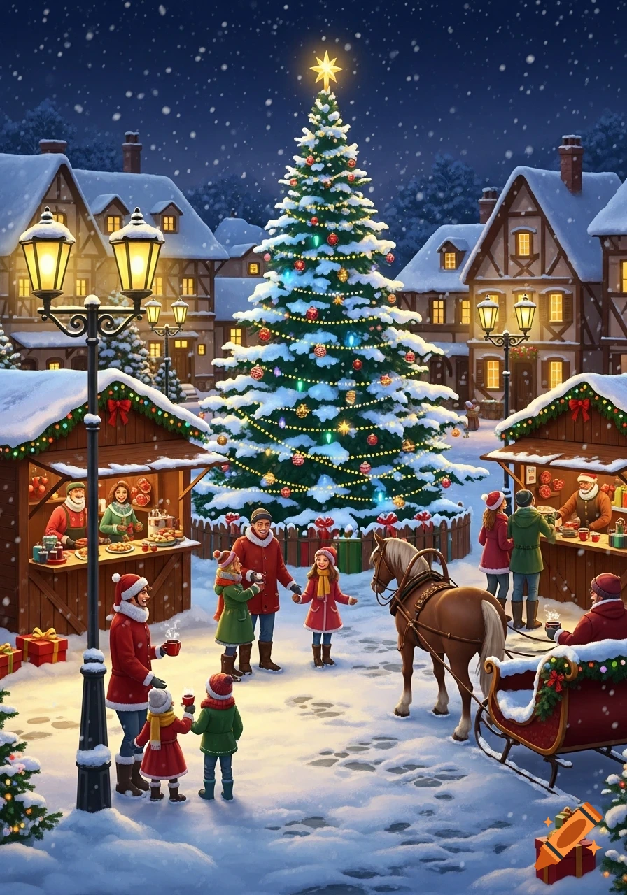 A snowy Christmas market scene at night with a large decorated ...