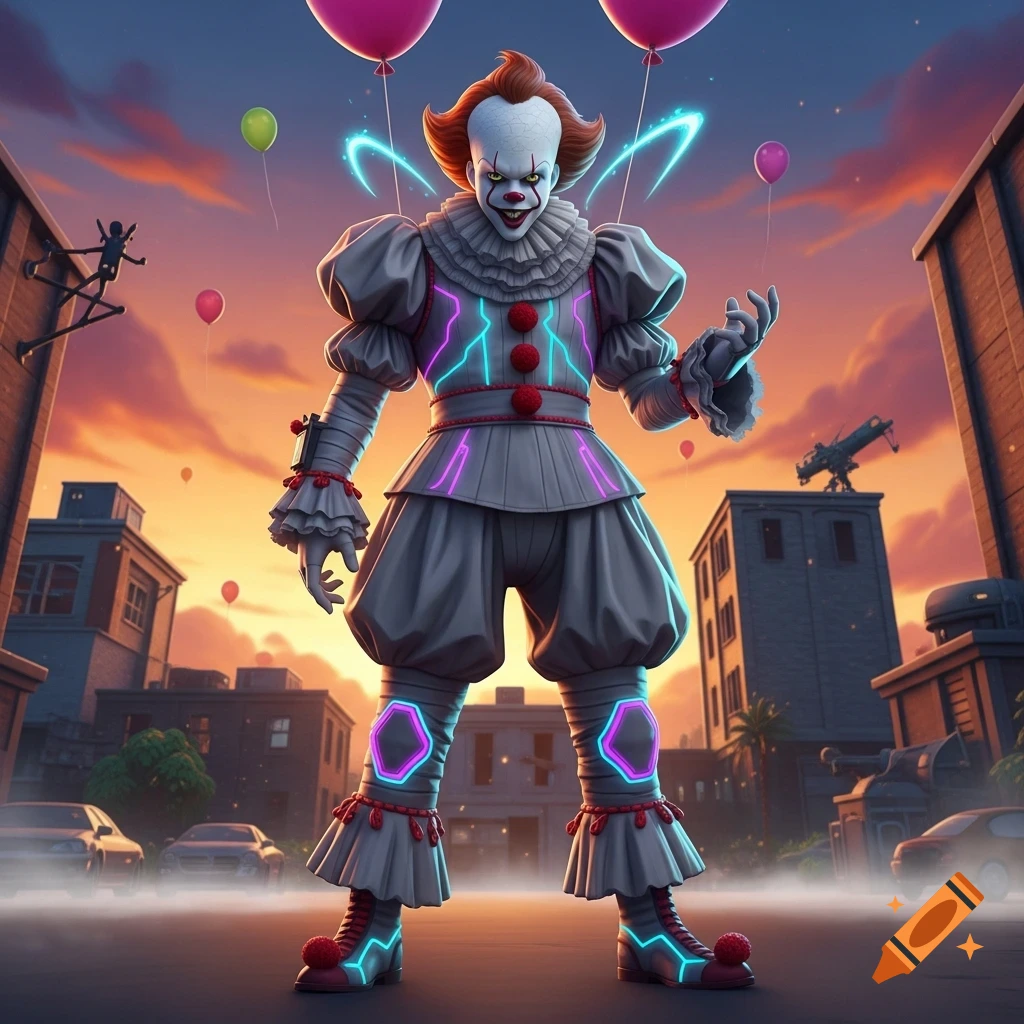 Stylized Fortnite character Pennywise clown with neon lights and ...
