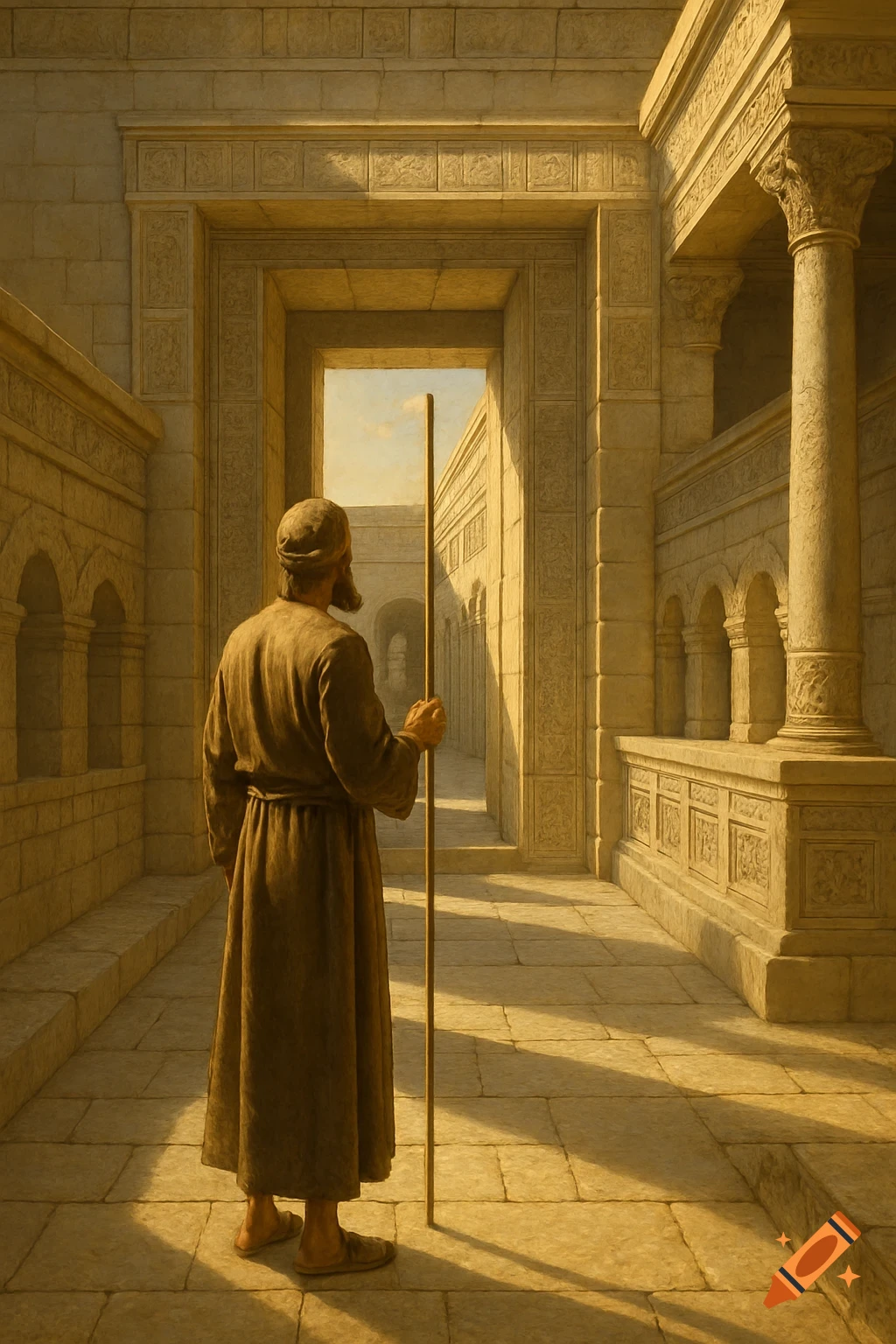 A robed man with a staff stands in a sunlit, intricately carved ancient ...