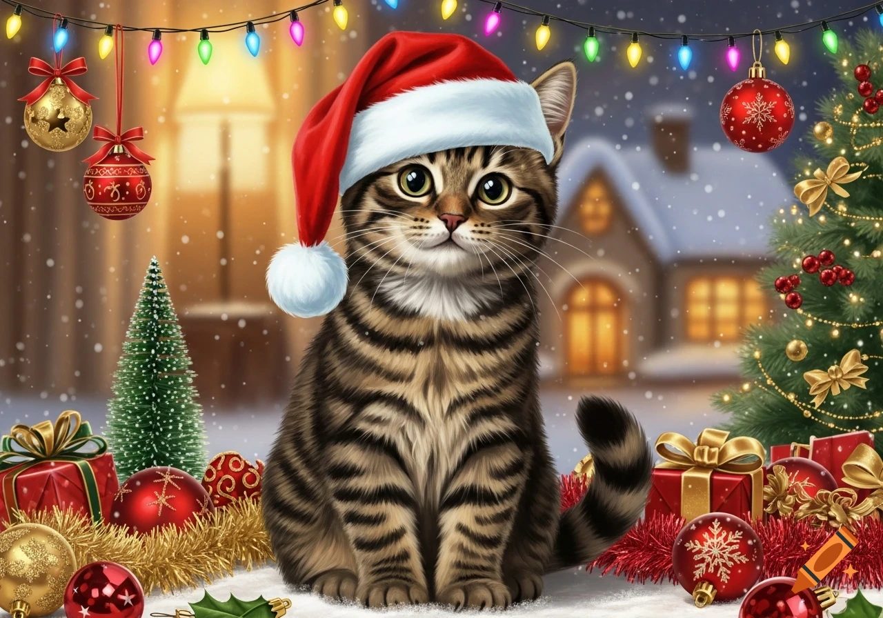 A cute tabby cat wearing a red Santa hat sits in a snowy Christmas ...
