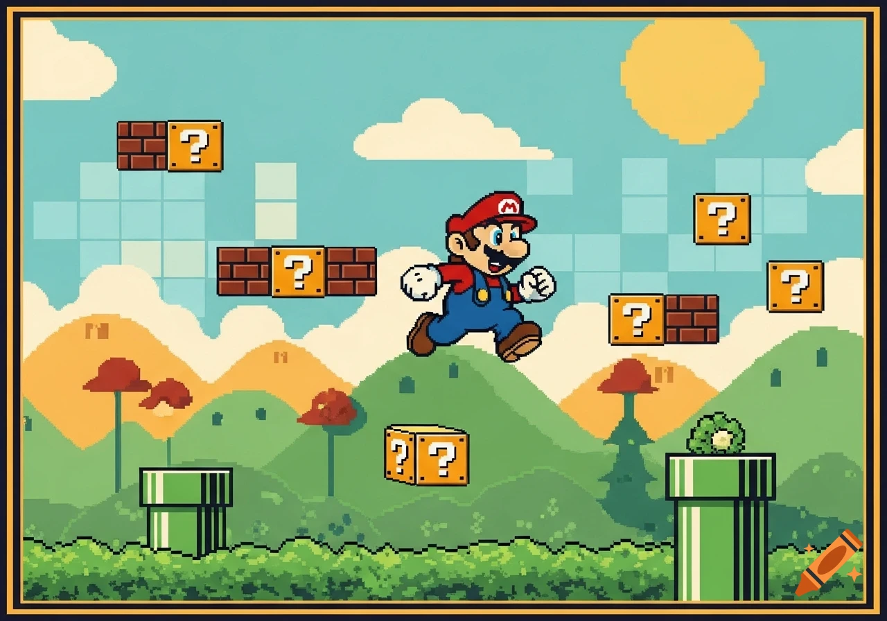 Pixel art of Mario jumping in a landscape with question mark blocks ...