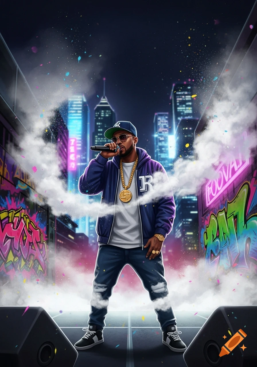 A stylish rapper with a microphone stands on a stage with smoke ...