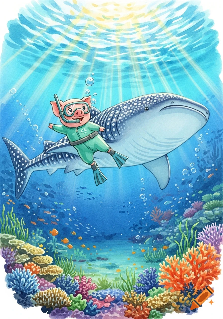 A happy cartoon pig in snorkeling gear rides a whale shark over a ...
