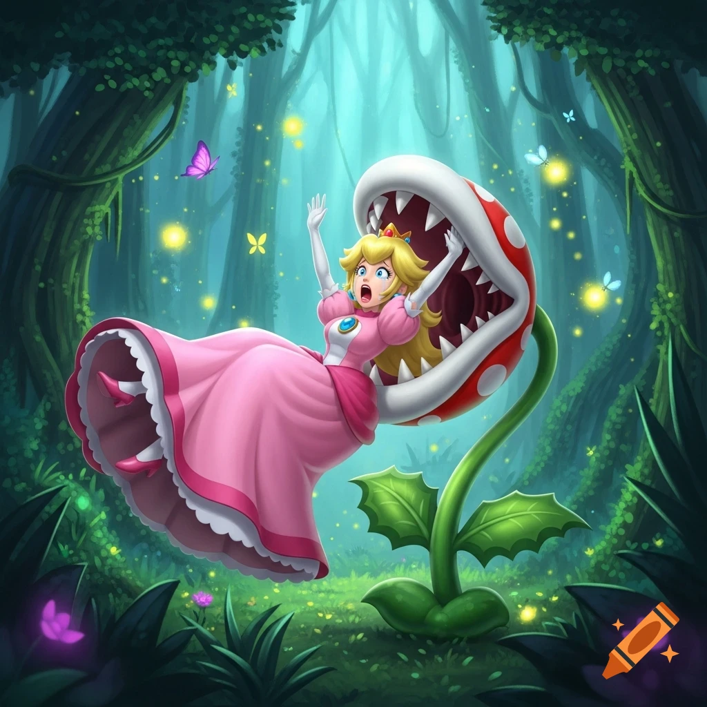 Princess Peach screaming in fear as a Piranha Plant eats her in a dark ...