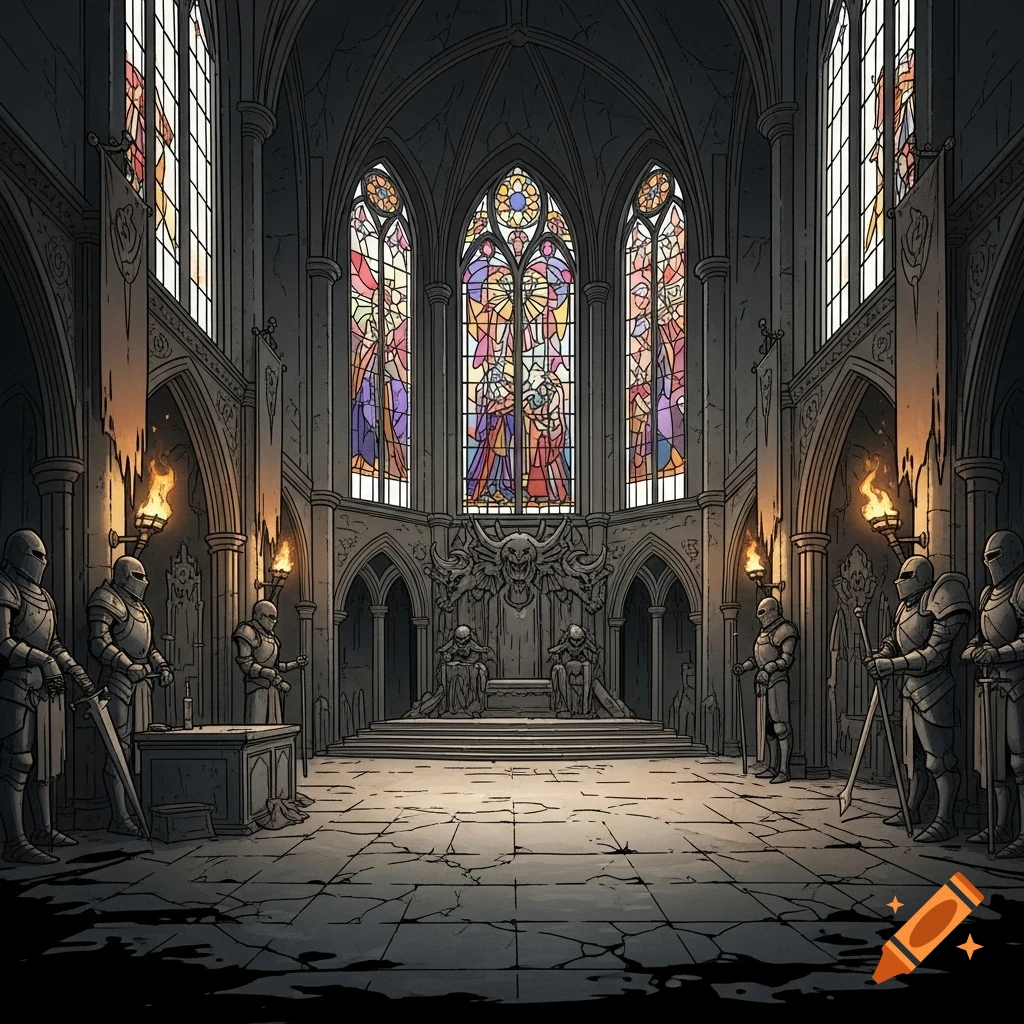 A vast gothic castle hall in a grimdark fantasy style, with stained ...