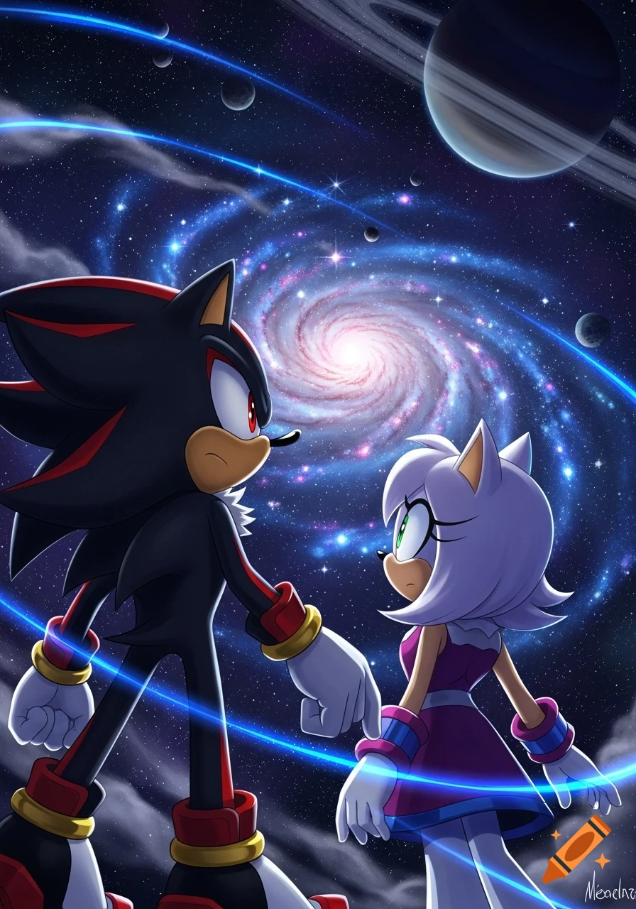 Shadow the Hedgehog and a white-haired female character look at each ...