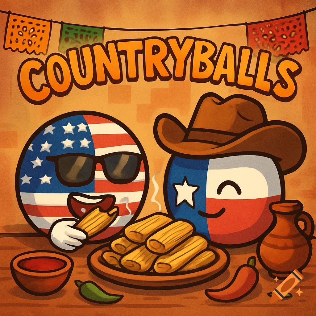 Cartoon USA and Texas countryballs eating tamales under a banner that ...