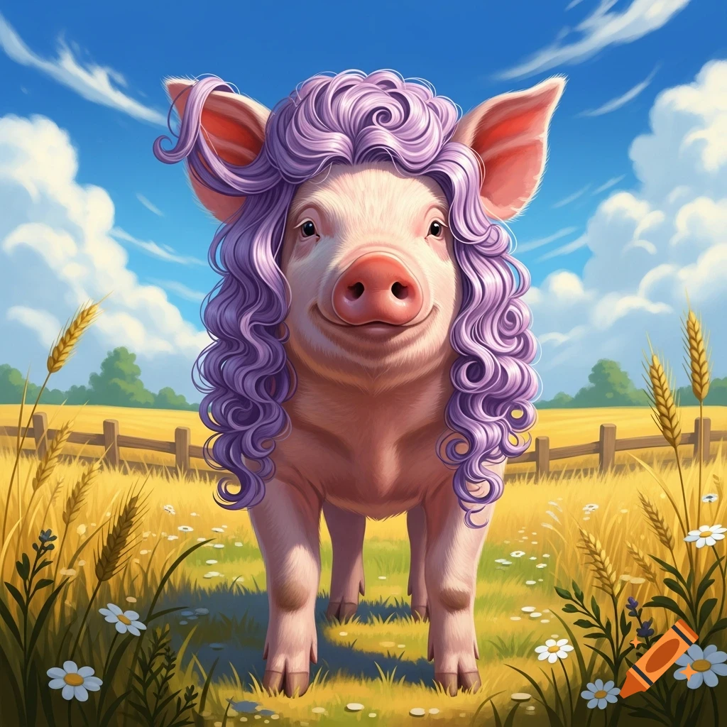 A smiling cartoon pig with a long, curly purple wig stands in a sunny ...