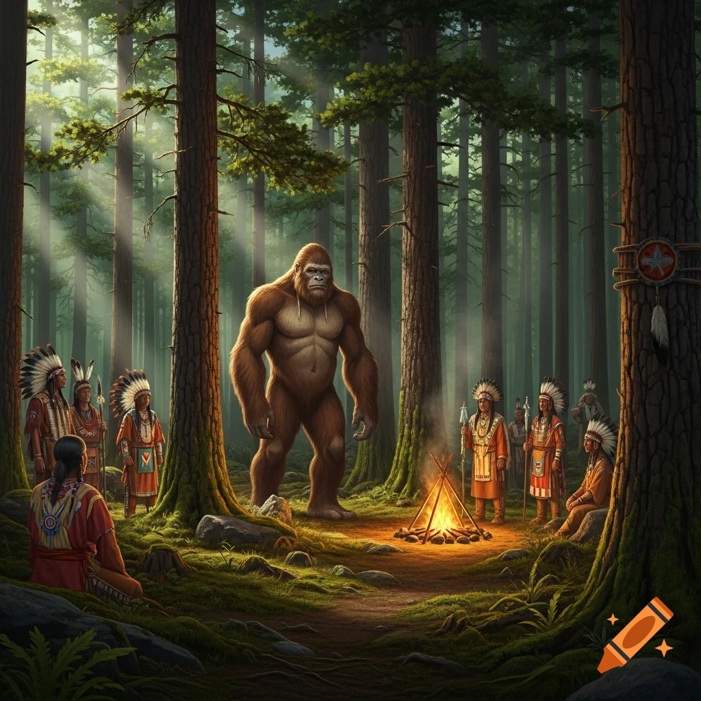 A large, muscular Sasquatch stands in a moonlit forest clearing ...
