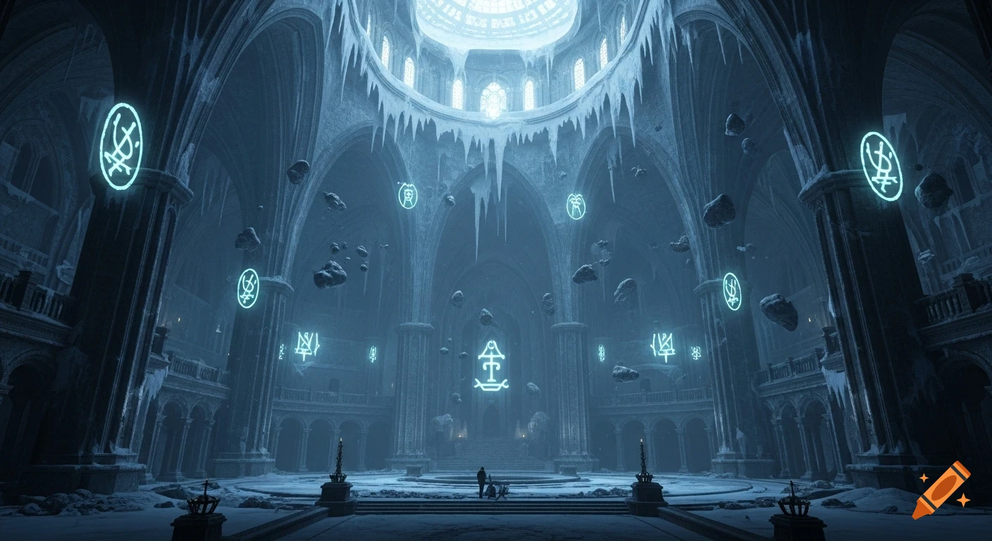 Vast, icy gothic cavern with glowing arcane symbols, floating rocks ...