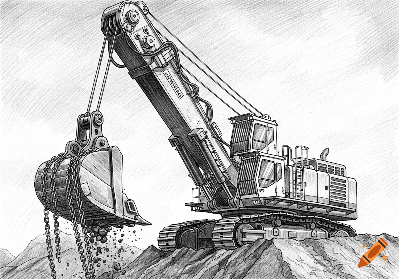 Pencil drawing of a large tracked excavator with a bucket full of rocks ...