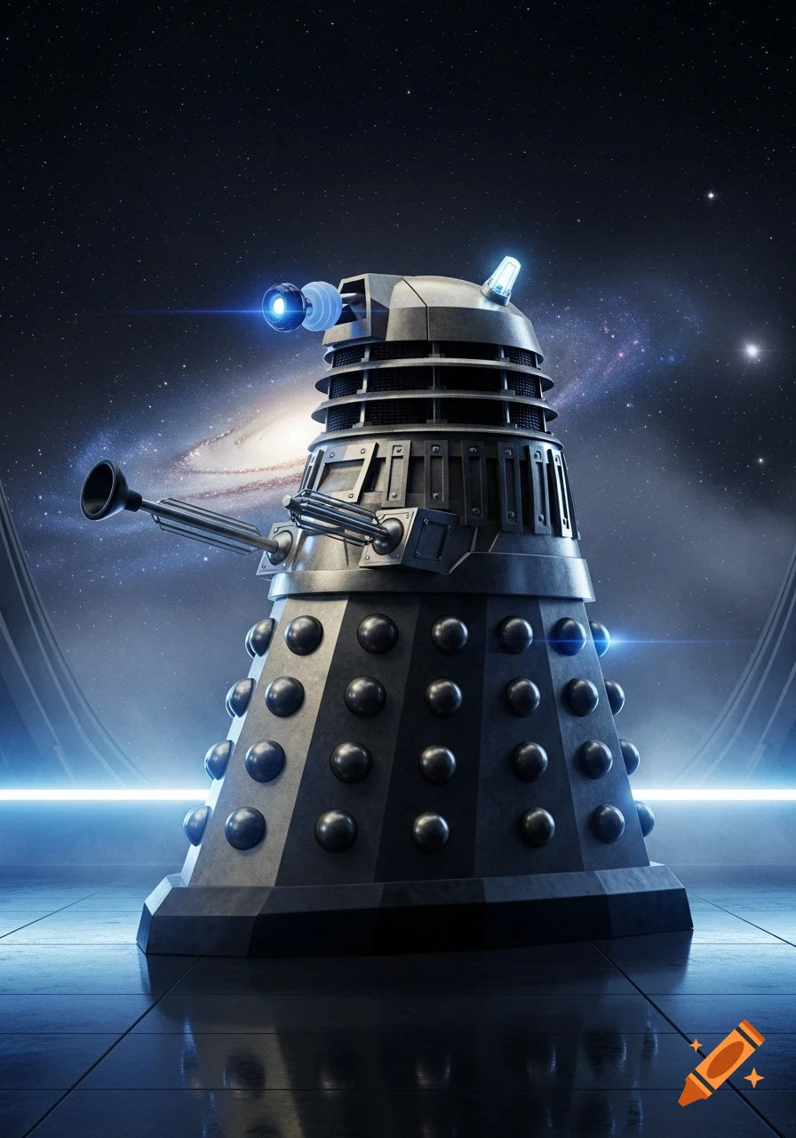 A grey metal Dalek from Doctor Who stands on a reflective floor against ...