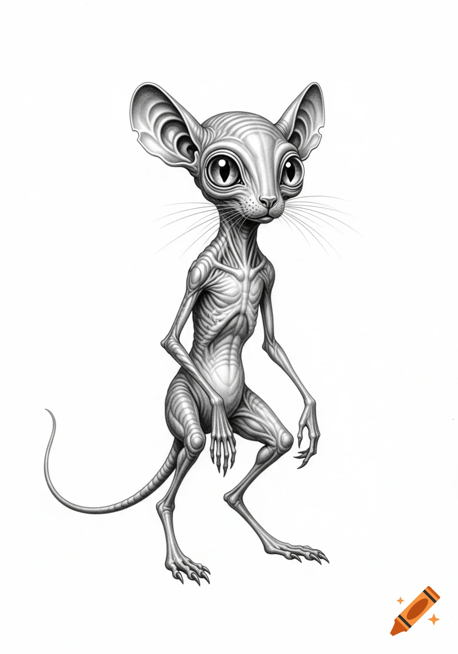 A detailed pencil drawing of a standing, emaciated alien creature with ...