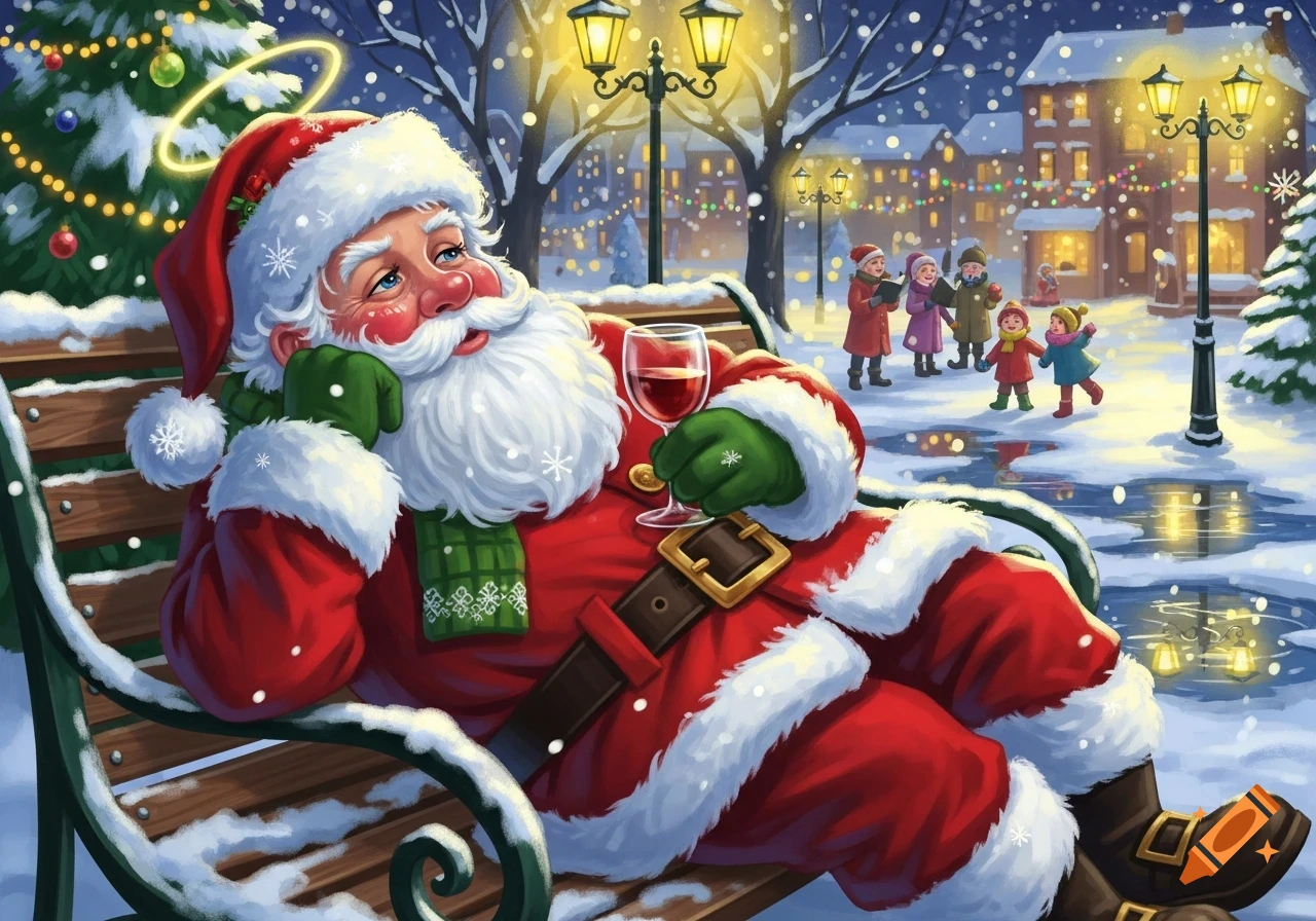 Santa Claus sits on a snowy bench holding a glass of red wine, looking ...