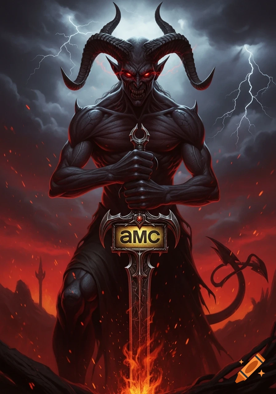 A demonic figure with large horns and glowing red eyes holds a stylized ...