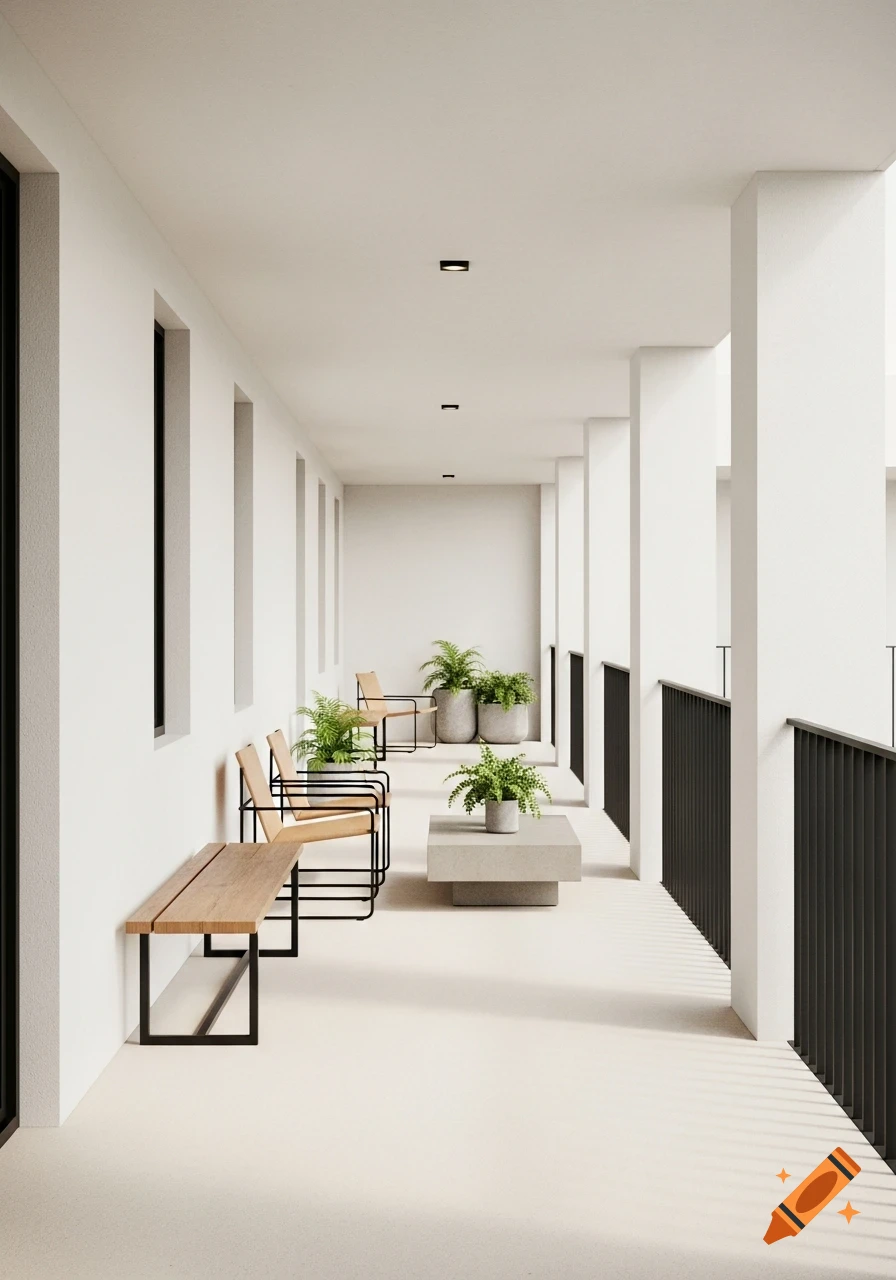A minimalist modern semi-outdoor corridor with white walls, light beige ...