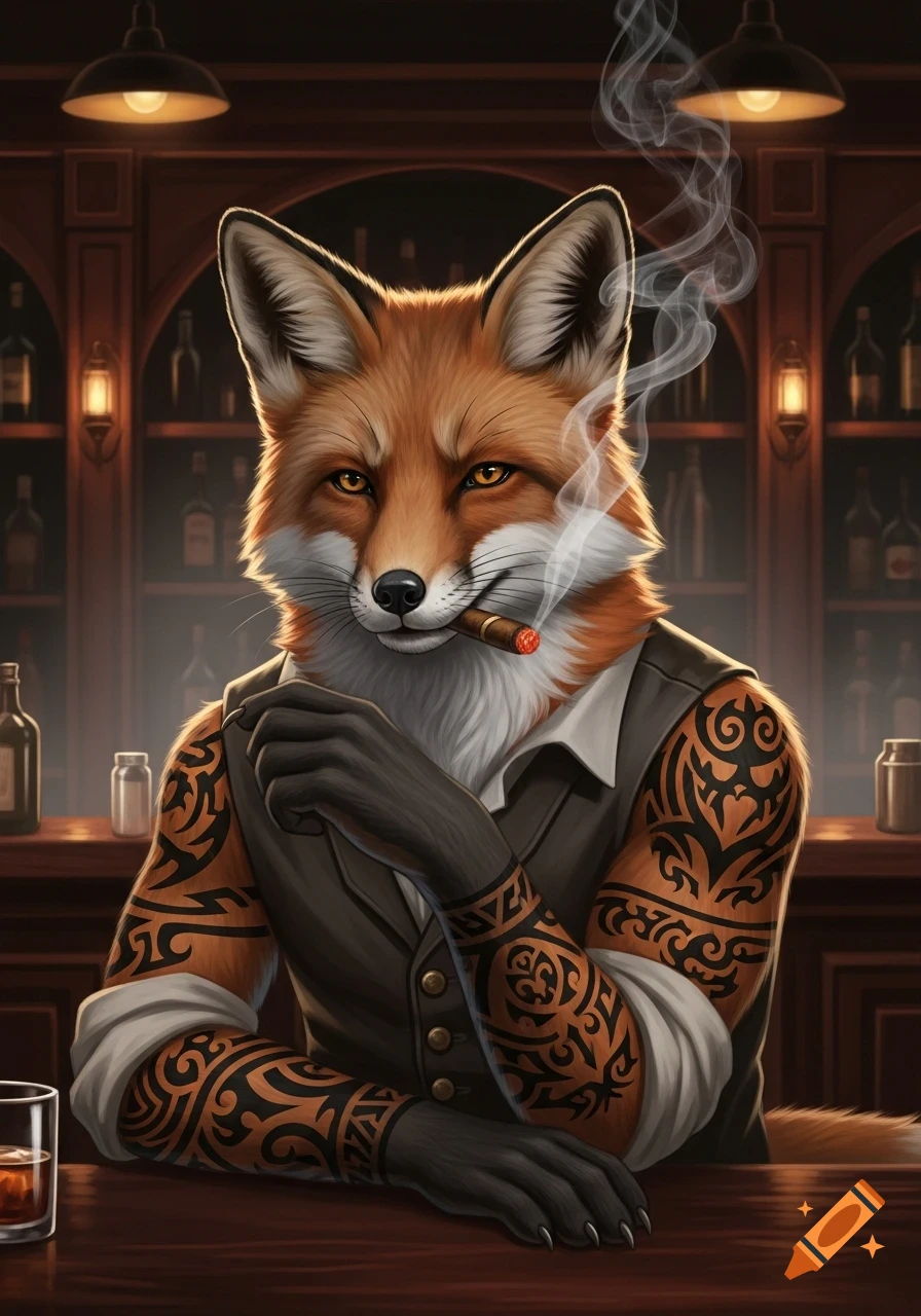 An anthropomorphic fox with tattoos and a vest sits at a bar, smoking a ...
