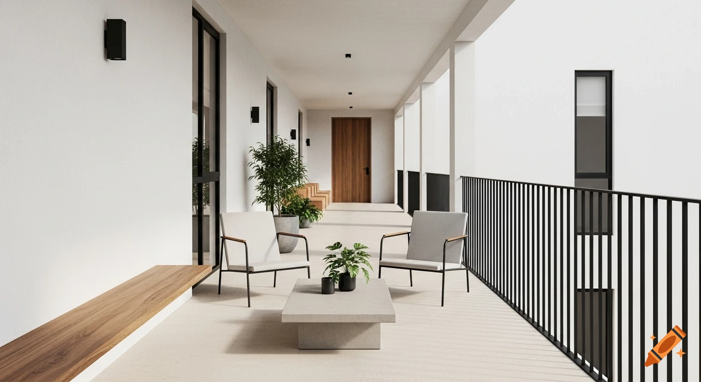 A minimalist modern semi-outdoor corridor with white walls, concrete ...