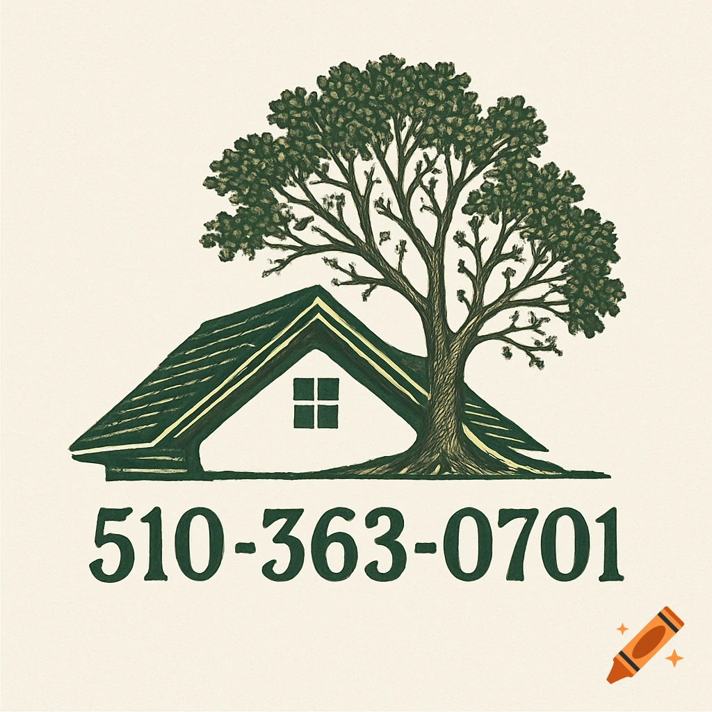 A stylized logo with a green tree growing behind a house roof, with the ...