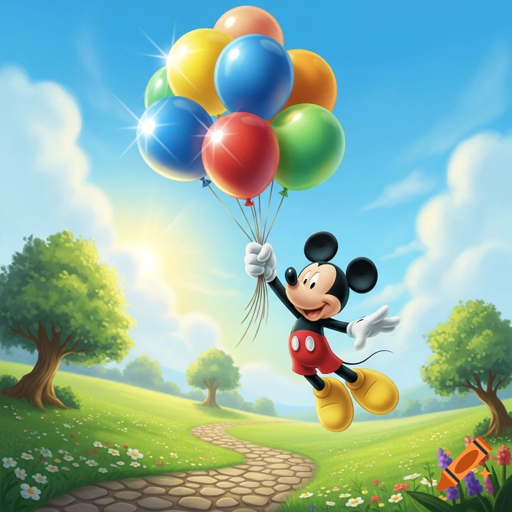 Cartoon Mickey Mouse joyfully floats in a sunny, grassy field, holding ...