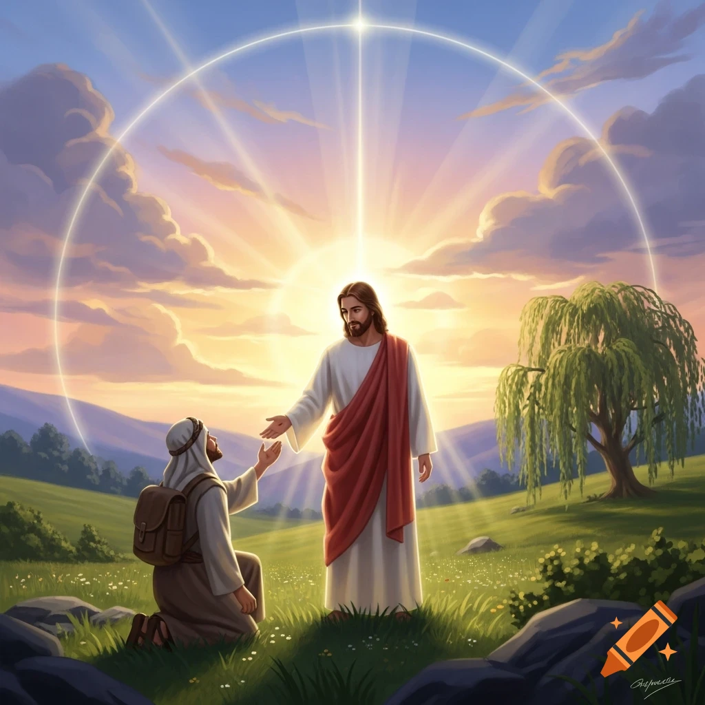 Jesus in a white robe and red sash extends a hand to a kneeling man ...