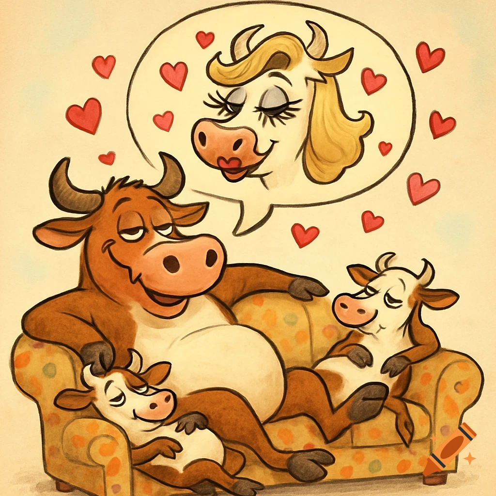 A large cartoon bull relaxes on a sofa with two smaller cows, while a ...