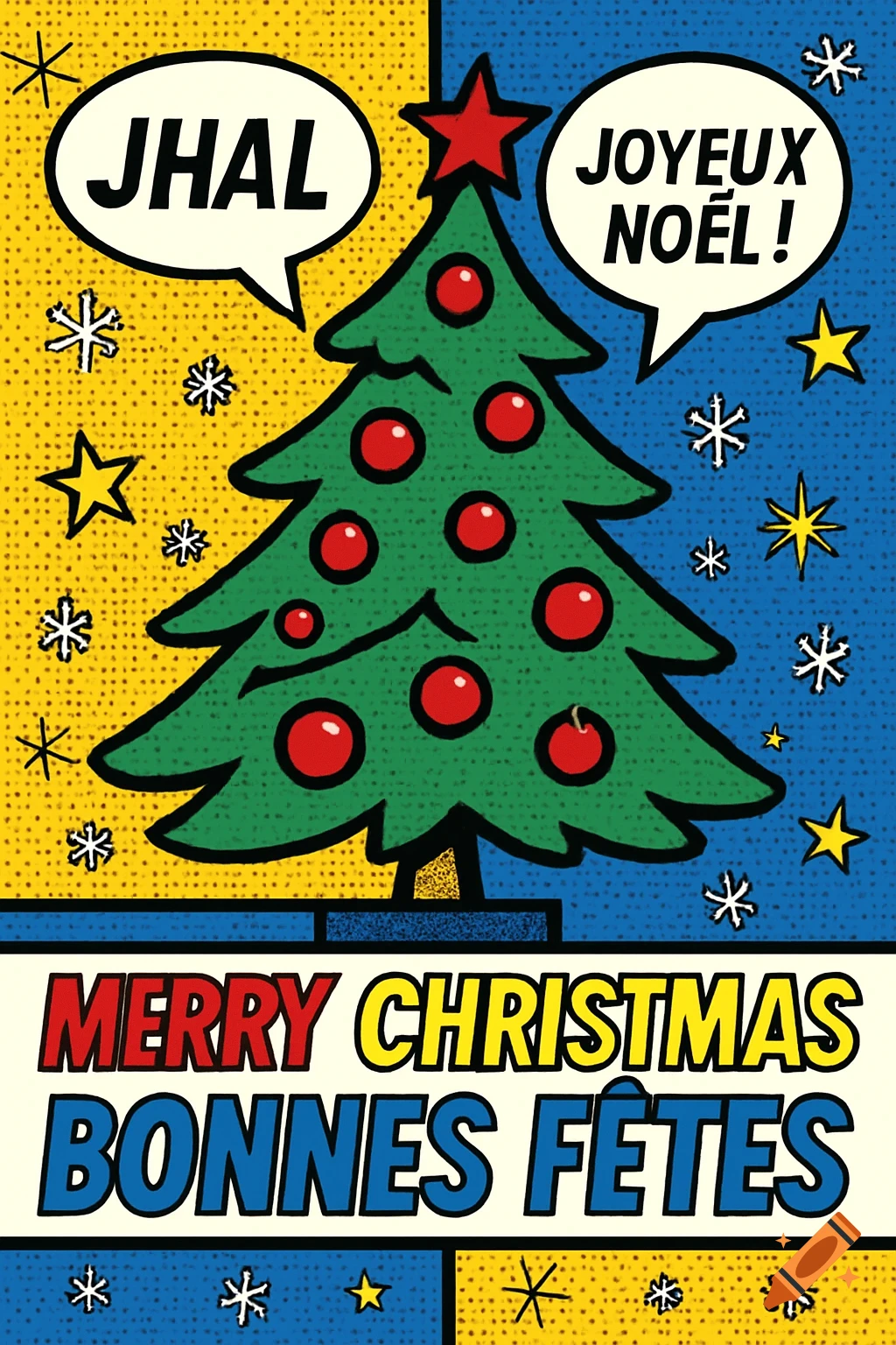 A Roy Lichtenstein-style Christmas greeting card with a green tree, red ...