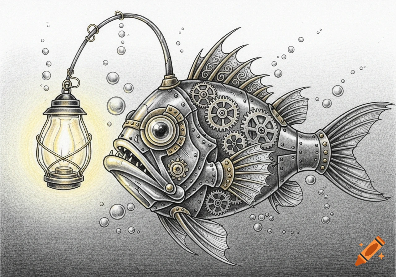 A detailed pencil drawing of a steampunk angler fish with gears and ...