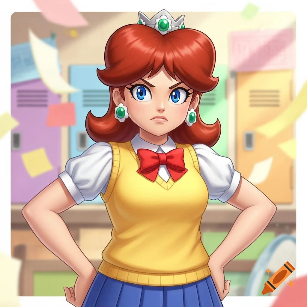 Anime-style Princess Daisy with an angry expression, hands on hips ...