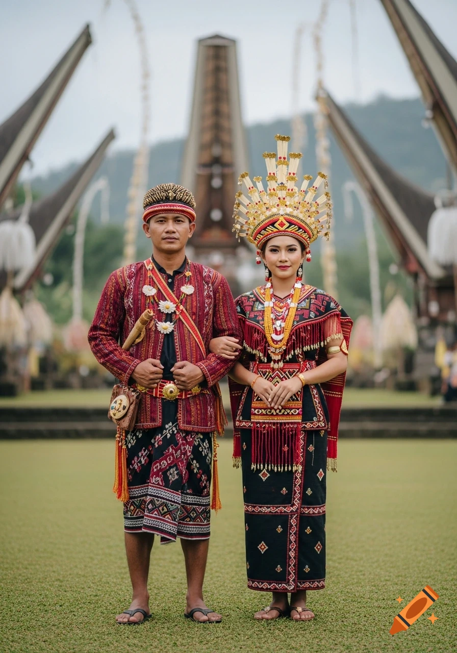 Two Toraja people stand side by side in richly decorated traditional ...