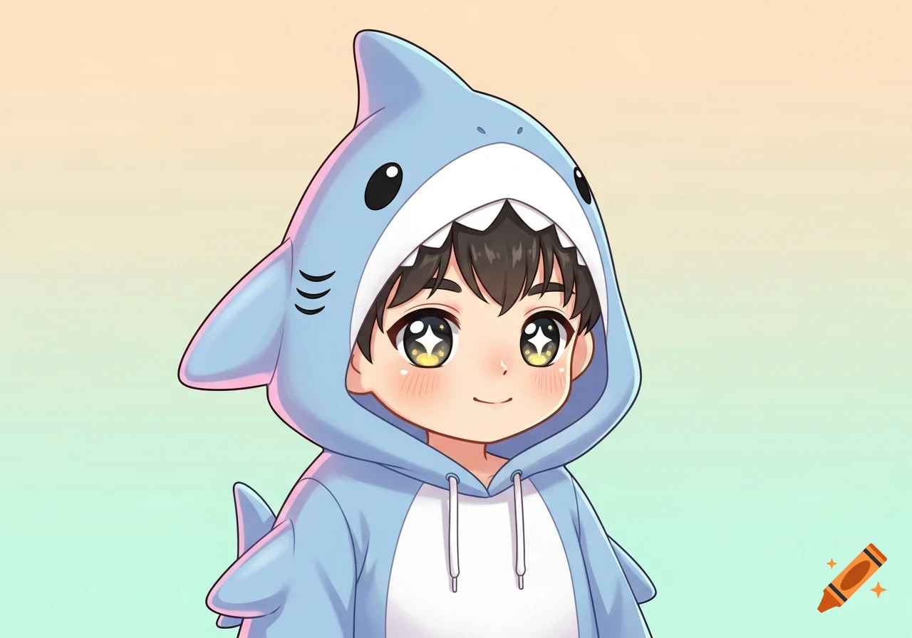 A cute anime chibi child with sparkling eyes, wearing a light blue ...