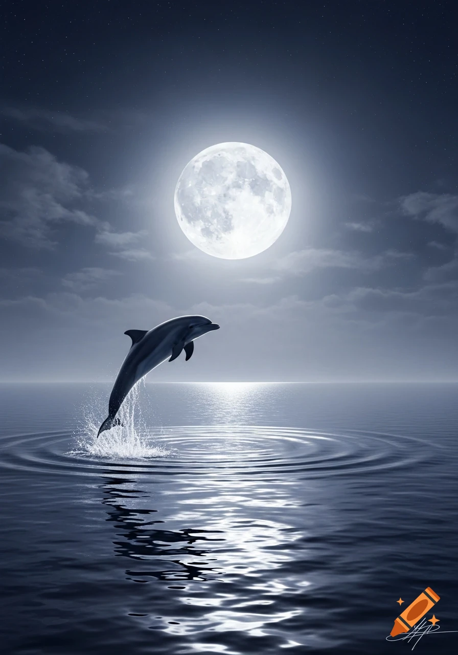 A dolphin leaps out of calm water under a bright full moon at night ...