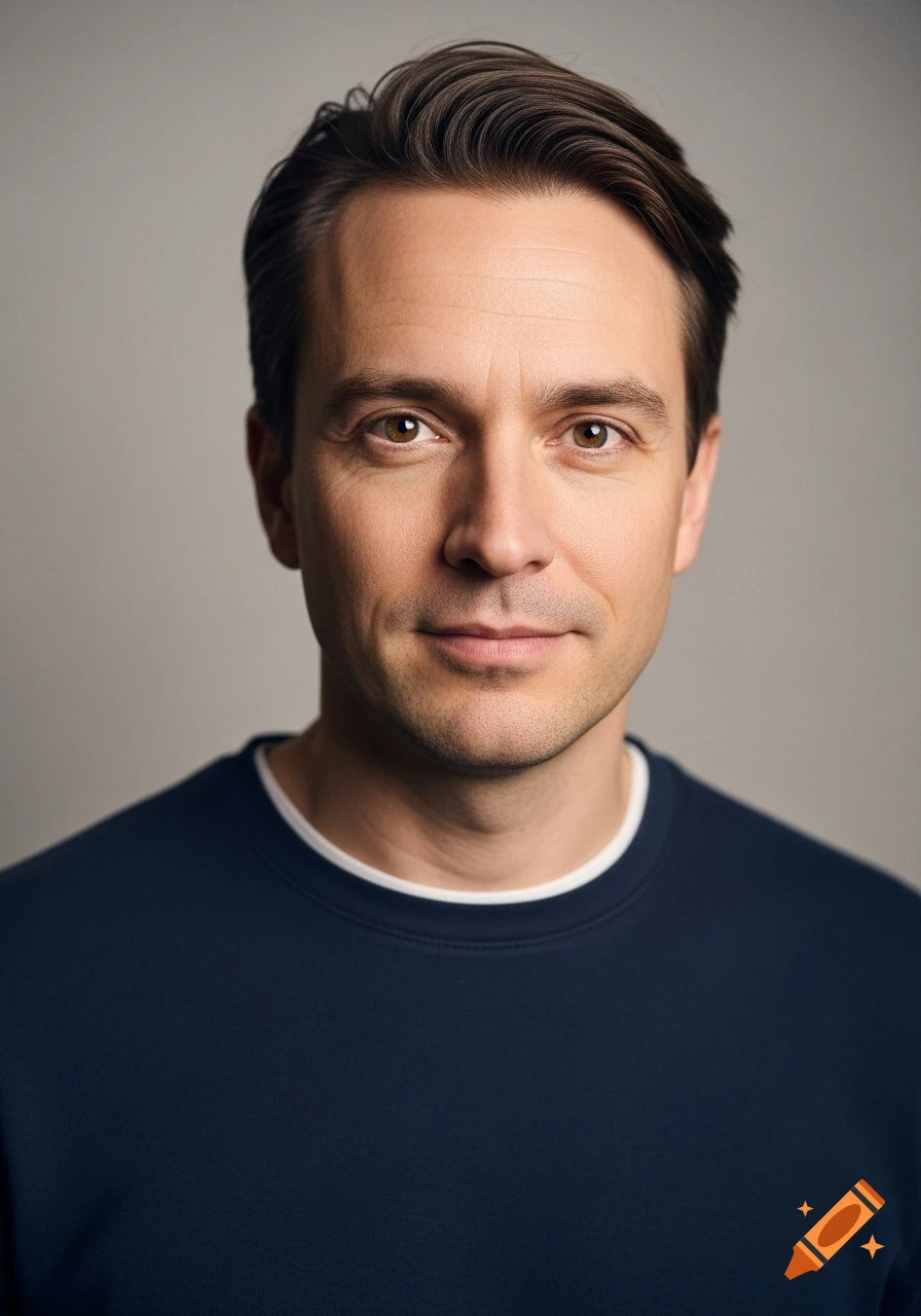 Photorealistic portrait of a man with neatly combed brown hair and ...