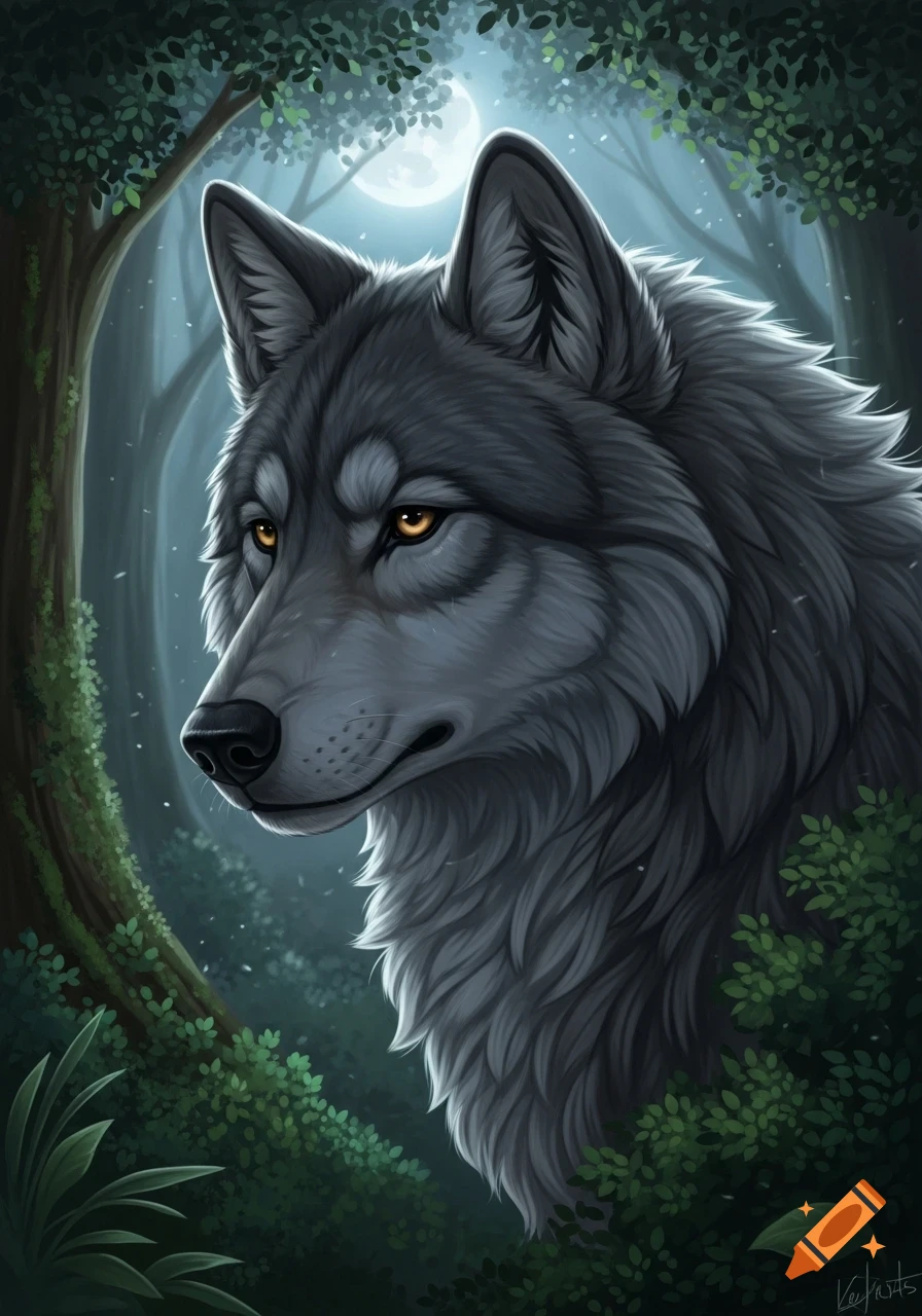 Detailed stylized illustration of a majestic gray wolf with orange eyes ...