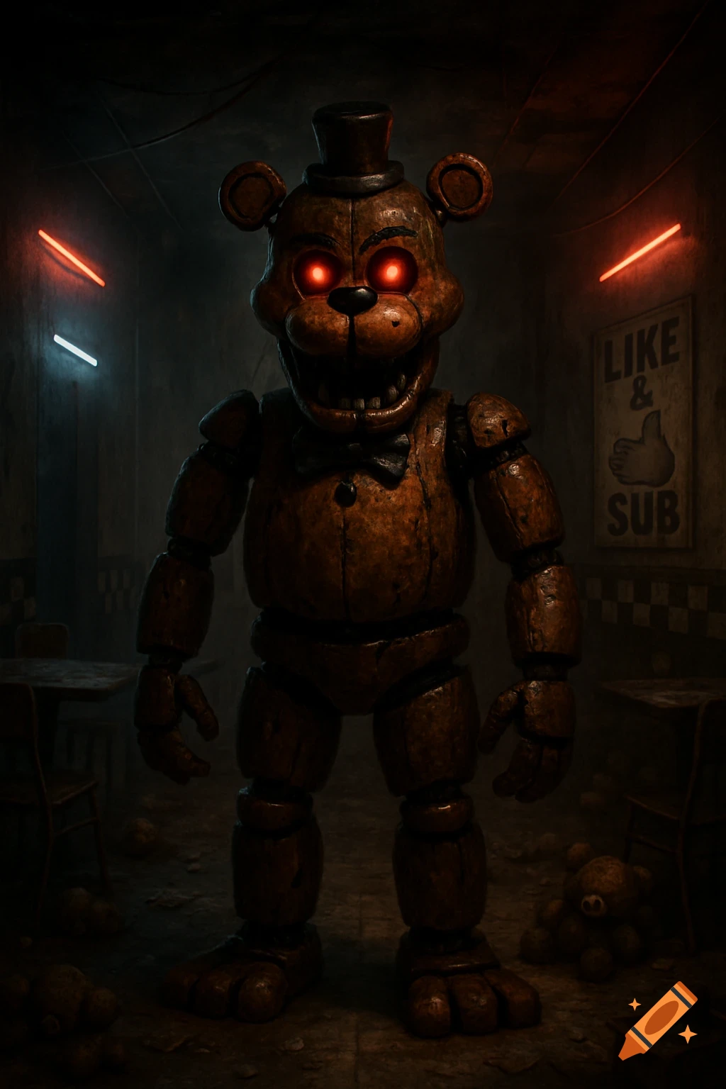 A rusty Freddy Fazbear animatronic with glowing red eyes stands in a ...