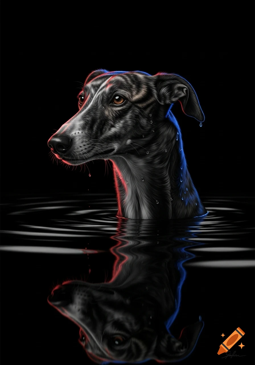 A brindle Galgo (Greyhound) dog with water drops on its face stands in ...