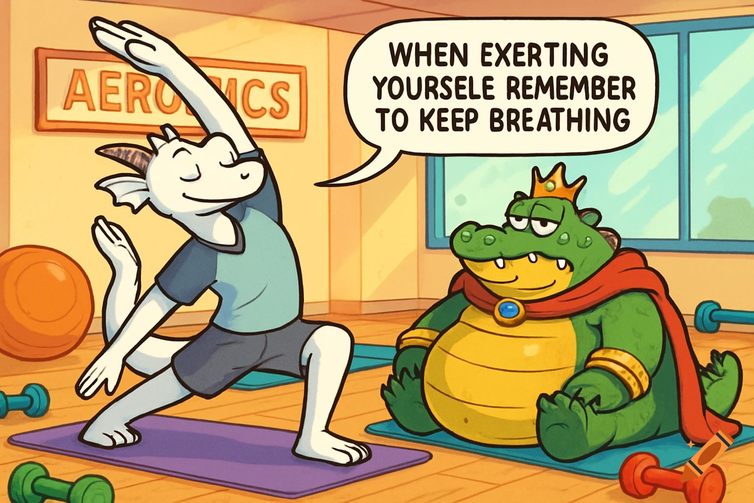 A white dragon yoga instructor demonstrates a pose next to an exhausted ...