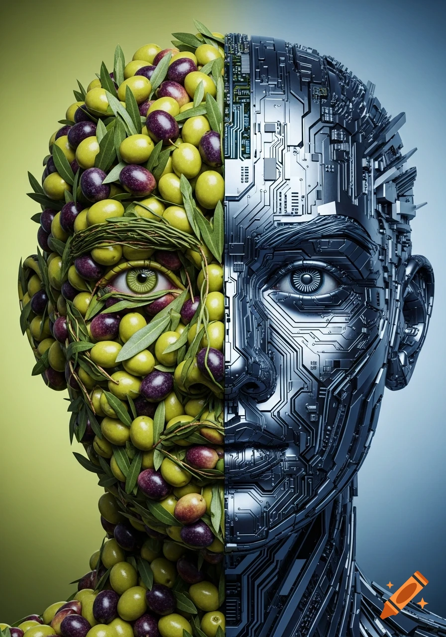 A human face split vertically down the middle, one half composed of ...