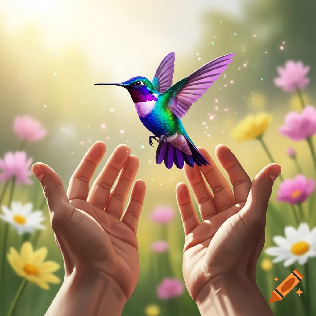 A vibrant, iridescent hummingbird flies between two open hands in a ...