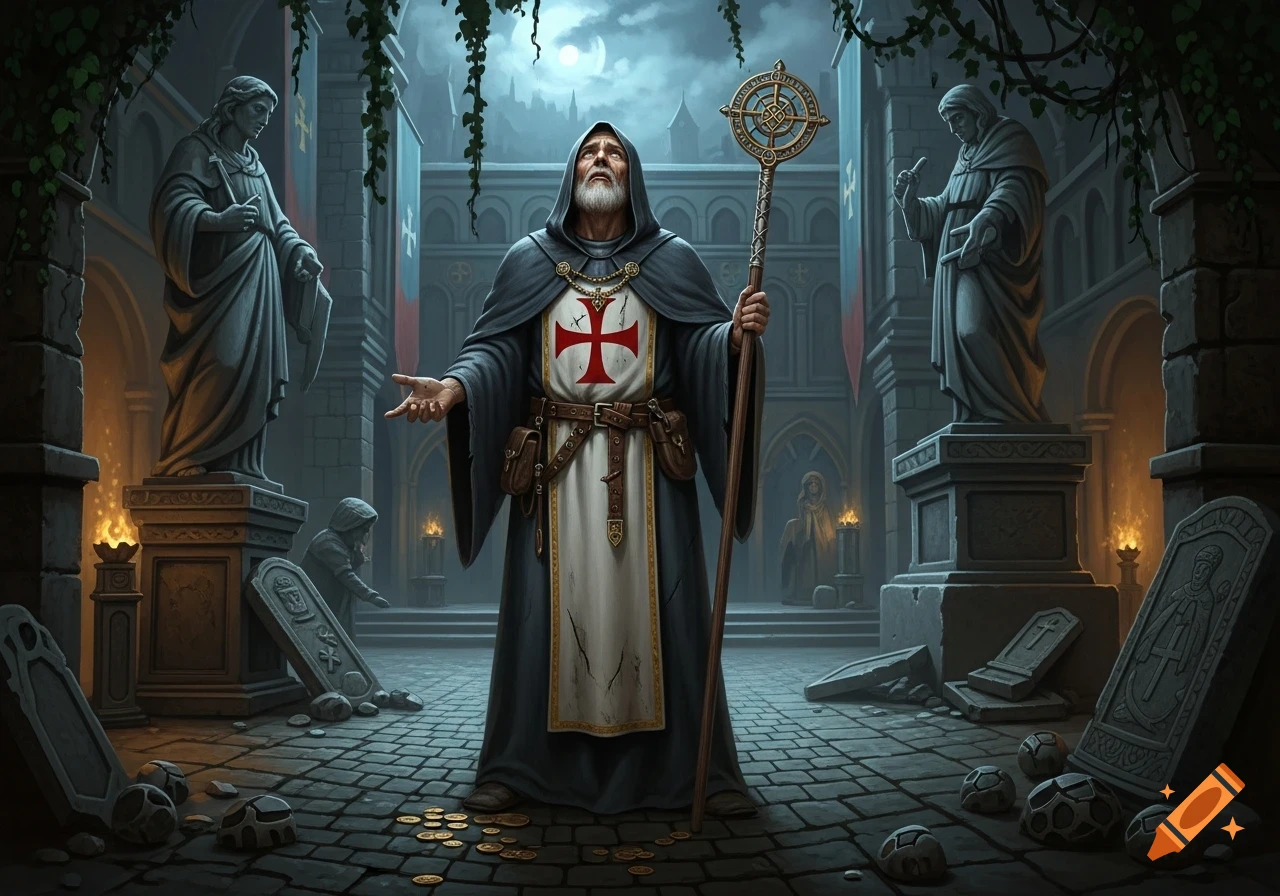 A bearded old man in a hooded Templar-like cloak holding a staff stands ...