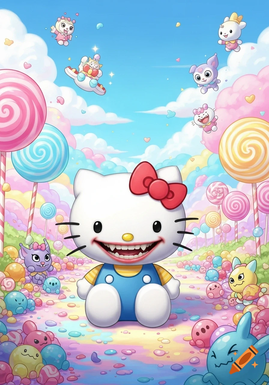 Hello Kitty with a large, toothed Labubu mouth in a pastel candy land ...