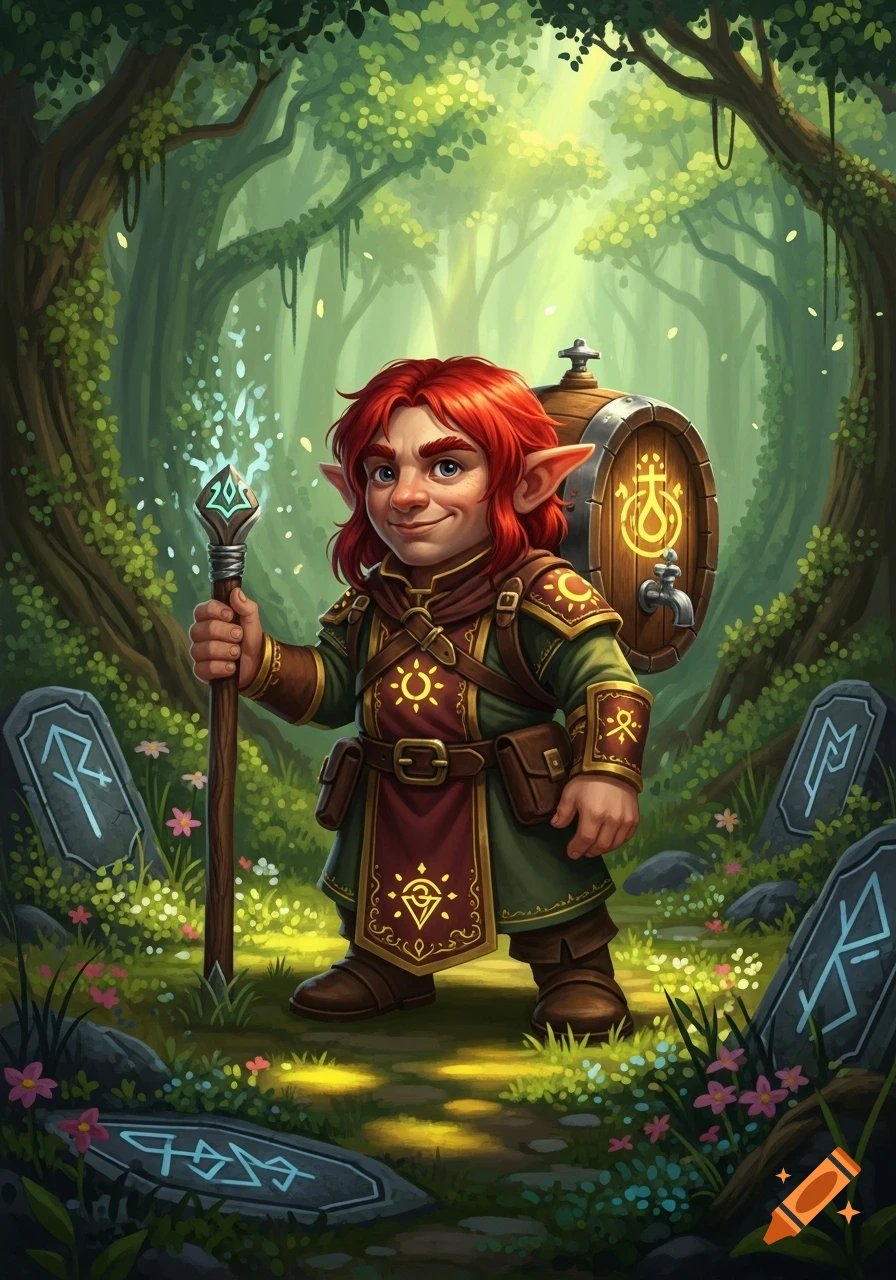 Red-haired halfling cleric with a keg and glowing staff in a magical ...